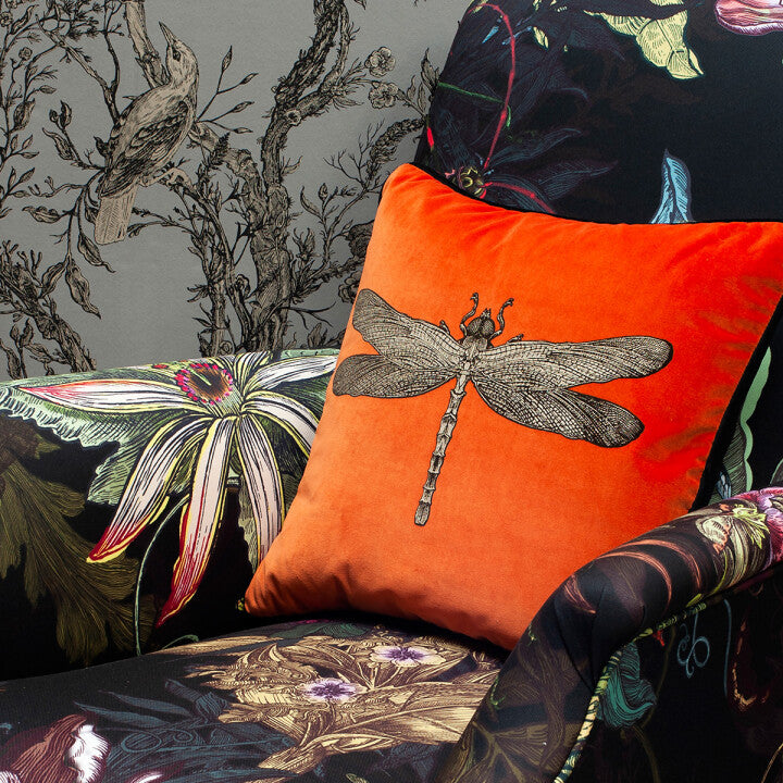 Timorous Beasties Dragonfly Orange Velvet Cushion – Corinne & Crowley
